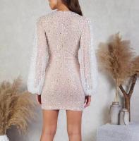 China Small Quantity Apparel Factory Ladies Long Balloon Sleeves 100% Poly Sequins Beading V Neck Dress for sale