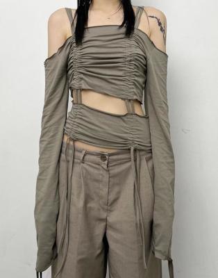 China Apparel Custom Factory Women'S Off - The - Shoulder Pleated Long - Sleeved Hollow Sling Blouse Top for sale