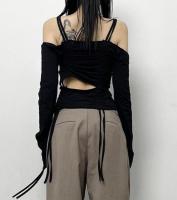 China Apparel Custom Factory Women'S Off - The - Shoulder Pleated Long - Sleeved Hollow Sling Blouse Top for sale