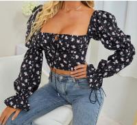 China Custom Apparel Factory Women'S Casual Floral Print Square Neck Back Zipper Bell Long Sleeve Crop Top Blouse for sale