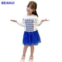 China BEIANJI 2PCS Blue Printed Kids Hoodless Sweater Long Sleeve Girls Tops for sale