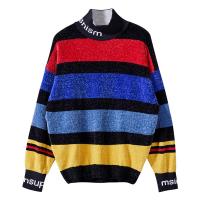 China small quantity clothing manufacturer Drop Shoulder Graffiti Rainbow Striped Sweater Chenille Ins Lazy Half Turtleneck for sale