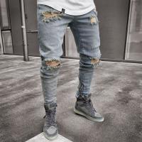 China High Waist Nostalgic Men'S Stretch Ripped Jeans Drawstring Closure for sale