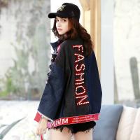 China Black Loose Ladies Embroidered Denim Jacket With Pearl for sale