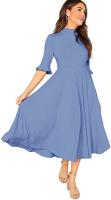 China Clothing Ribbed Knit Bell Sleeve Fit And Flare Midi Dress for sale