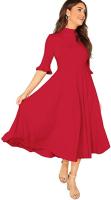 China Clothing Ribbed Knit Bell Sleeve Fit And Flare Midi Dress for sale