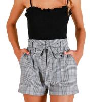 China Leg Straight Ladies Plaid Elastic Waistband With Pocket Cotton Linen Shorts for sale