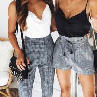 China Leg Straight Ladies Plaid Elastic Waistband With Pocket Cotton Linen Shorts for sale