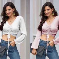 China Small Batch Clothing Women's High Waist V Neck Thin Versatile Long Sleeve Shorts Tops for sale