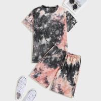 China small quantity clothing manufacturers Men'S Summer 2pc Tie Dye Round Neck Short Sleeve Casual Suit for sale