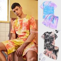 China small quantity clothing manufacturers Men'S Summer 2pc Tie Dye Round Neck Short Sleeve Casual Suit for sale