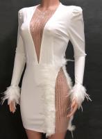 China V Neck Women Casual Dresses Mesh - Paneled Feather - Embellished Slim - Fit Dress for sale