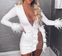 China V Neck Women Casual Dresses Mesh - Paneled Feather - Embellished Slim - Fit Dress for sale