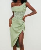 China Autumn Women One Off Shoulder Satin Bone Pleated Mid Slit Dress for sale