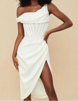 China Autumn Women One Off Shoulder Satin Bone Pleated Mid Slit Dress for sale
