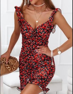 China Custom Clothing Manufacturer Women'S Summer Ruffle Sleeveless V - Neck Sexy Floral Dress for sale