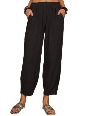 China Custom Clothing Women'S Solid Color Loose Linen Polyester Casual Long Pants for sale
