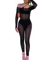 China Clothing Manufacturer Low Moq One Shoulder Sexy Transparent Skinny Mesh Jumpsuit Black Color for sale