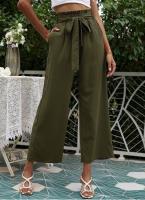 China Oem Clothing Women'S Flared Casual Pants Wide Leg Elastic Waist With Belt Pants for sale