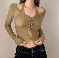 China Small Batch Clothing Manufacturers Perspective Mesh Bow V - Neck Long Sleeve T - Shirt for sale
