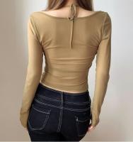 China Small Batch Clothing Manufacturers Perspective Mesh Bow V - Neck Long Sleeve T - Shirt for sale