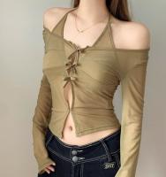 China Small Batch Clothing Manufacturers Perspective Mesh Bow V - Neck Long Sleeve T - Shirt for sale