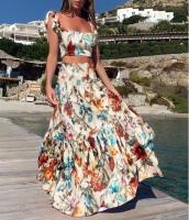 China Summer Womens Casual Dresses Printed Flower 2pcs Top And Skirt With S-2XL for sale