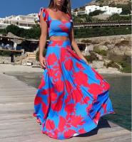 China Summer Womens Casual Dresses Printed Flower 2pcs Top And Skirt With S-2XL for sale