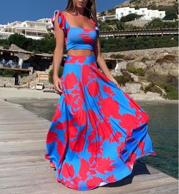 China Summer Womens Casual Dresses Printed Flower 2pcs Top And Skirt With S-2XL for sale