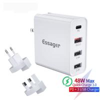 China Essager 48W 4-Port USB Wall Charger with Power Delivery and QC3.0 Technology - UK US Adapter for sale