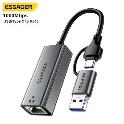 China ESSAGER 2-in-1 USB Type C to RJ45 Ethernet Adapter 1000Mbps with 20mm Cable for Laptop Phone PC for sale