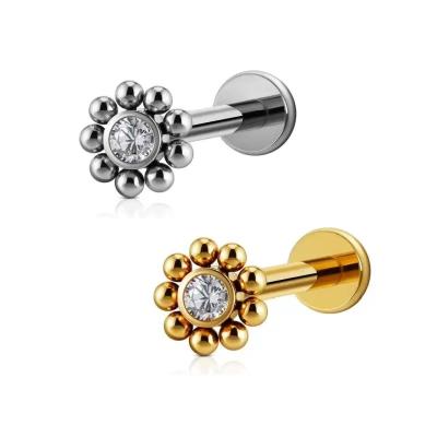 China 316L Surgical Stainless Steel Flower Labret Stud with Cubic Zirconia Center Stone - Premium Piercing Jewelry for sale