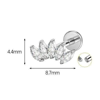 China Titanium Five Marquise CZ Crown Flat Back Labret Stud | Luxury Leaf Design Piercing Jewelry for sale