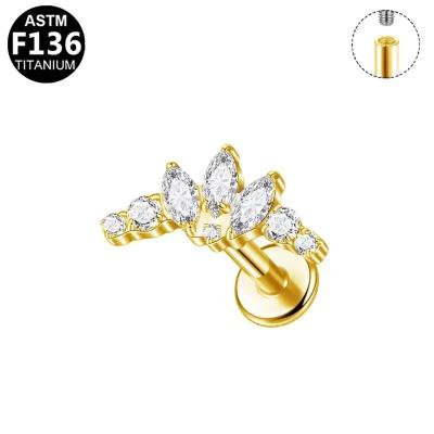 China Luxury Crystal Floral Crown Labret Stud – Gold PVD Finish G23 Implant Grade Titanium Cartilage Helix Tragus Piercing for sale