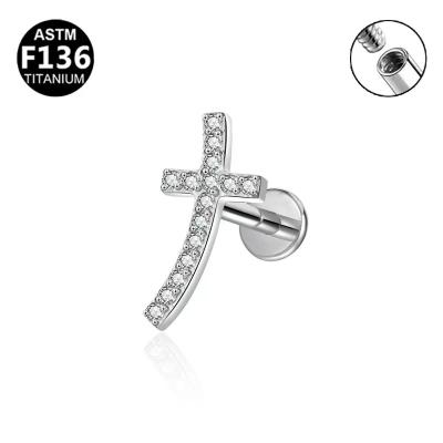 China Titanium Cross Crystal Labret Stud – Gold PVD Finish Cartilage Helix Tragus Piercing Jewelry for sale