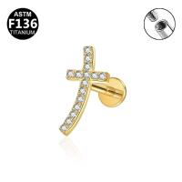 China Titanium Cross Crystal Labret Stud – Gold PVD Finish Cartilage Helix Tragus Piercing Jewelry for sale