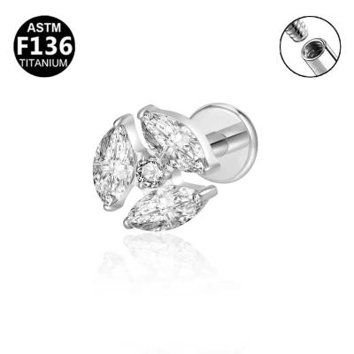 China Titanium Marquise Crystal Flower Labret Stud – Gold PVD Finish Cartilage Helix Tragus Piercing Jewelry for sale