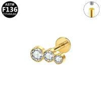 China Gold Titanium CZ Triple Gemstone Threadless Flat Back Labret Piercing Jewelry for sale