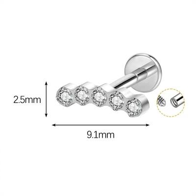 China Titanium 5-CZ Curved Cluster Labret Stud 16G (1.2mm) / 18G (1.0mm) Cartilage Helix Tragus Piercing Jewelry for sale