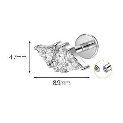 China G23 Titanium Triple CZ Geometric Flat Back Labret Stud | Luxury Crystal Piercing Jewelry for sale