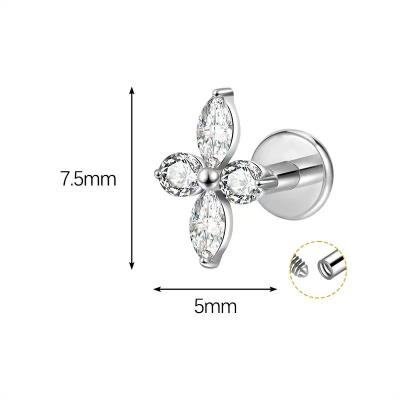China G23 Titanium Four Petal CZ Flower Flat Back Labret Stud | Luxury Floral Piercing Jewelry for sale