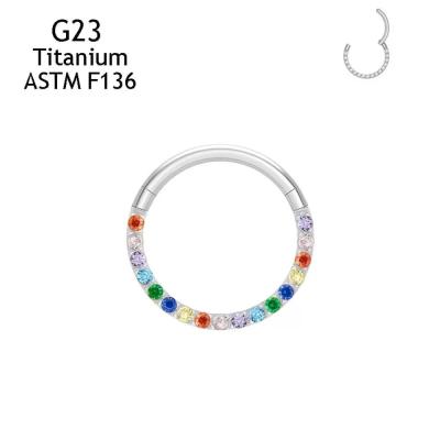 China Luxury Rainbow Pavé CZ Clicker Hoop Ring Rainbow CZ Hinged Clicker Ring  Multicolor Pavé Cartilage Hoop  Rainbow Crystal Titanium Hoop Ring  Colorful CZ Seamless Clicker Piercing Ring for sale