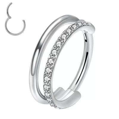 China Luxury Double Layer Pavé CZ Clicker Hoop Ring Double Hoop CZ Clicker Ring  Layered Pavé Crystal Hinged Hoop  Dual Band Gold Titanium Clicker Ring  Premium Double Row Cartilage Hoop for sale