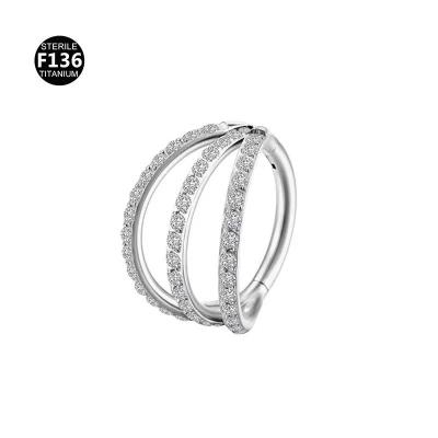 China Luxury Triple Layer Pavé CZ Clicker Hoop Ring Triple Hoop Crystal Pavé Clicker Ring  Three Layer CZ Titanium Piercing Hoop  Luxury Stacked Pavé Cartilage Ring  Gold PVD Triple Band Clicker Hoop for sale