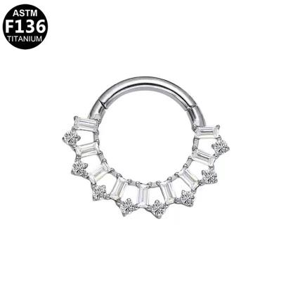 China ASTM F136 Titanium Baguette & CZ Pavé Clicker Hoop Ring Luxury Baguette Crystal Titanium Clicker Ring  Mixed-Cut CZ Pavé Piercing Hoop  Elegant Baguette & Round CZ Clicker Hoop  Premium ASTM F136 for sale