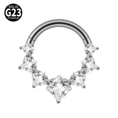 China G23 Princess Cut CZ Clicker Hoop Ring Seven-Stone Square CZ Clicker Ring Curved Princess Cut Crystal Piercing Hoop Gold Graduated Diamond-Cut Cluster Hoop Elegant Square Gemstone Statement Ring for sale