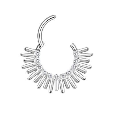China Gold Sunburst Round CZ Clicker Hoop Ring – Radiating Spike Hinged Segment Design Sunray Crystal Clicker Ring Radiating Spike Piercing Hoop Gold Round CZ Sunburst Cluster Hoop Elegant Solar Statement for sale