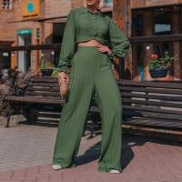 China Wholesale 2023 Spring Fashion Solid Color Single-Breasted Long-Sleeved Shirt High Waist Elastic Pants Women&prime;s Casual Suit for sale