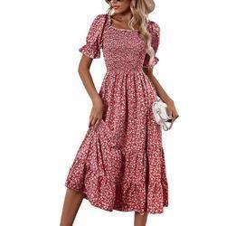 China Floral Print Dresses Short Puff Sleeve Square Neck Shirred Detail MIDI Women Dresses for sale