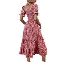 China Floral Print Dresses Short Puff Sleeve Square Neck Shirred Detail MIDI Women Dresses for sale